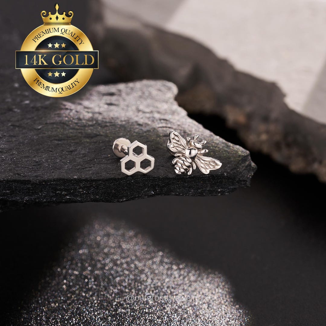 14K White Gold Bee & Honeycomb Cartilage Earrings/threadless Push Pin Labret Stud/nose Stud ...