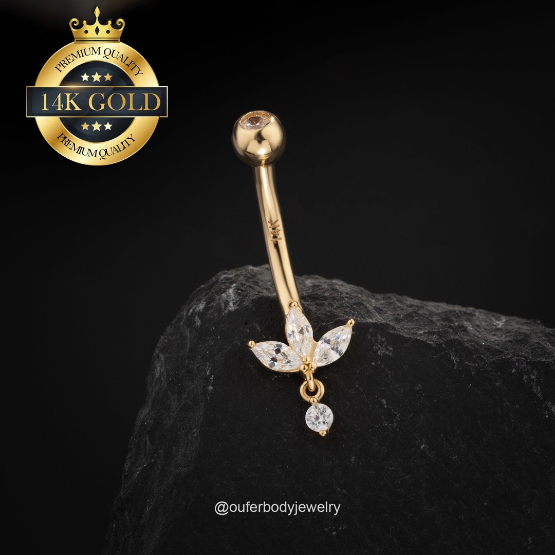 14K Solid Gold Dangle Lotus Belly Button Ring/crown Navel Ring/curved ...