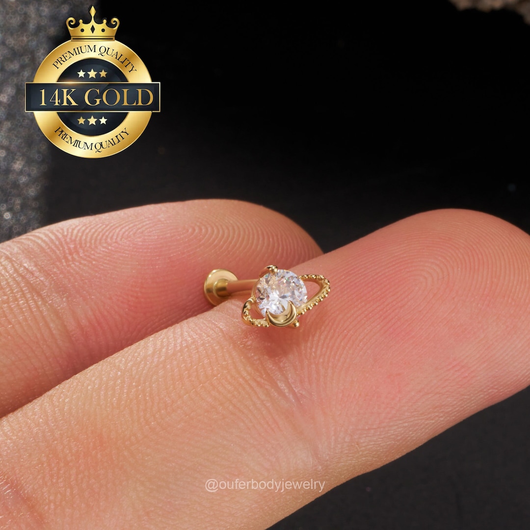 14K Solid Gold Planet Moon Stud Push Pin Labret 20g/18g/16g/threadless ...
