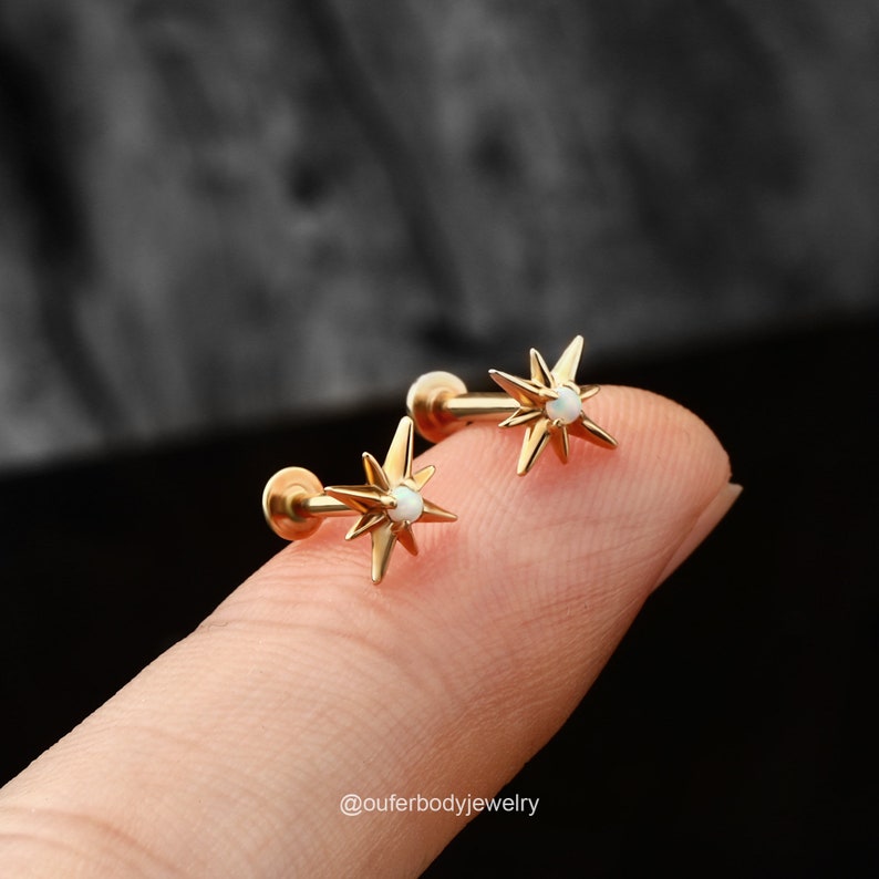 14k Solid Gold Tiny Hexagram Star Threadless Stud Earring/sunburst ...