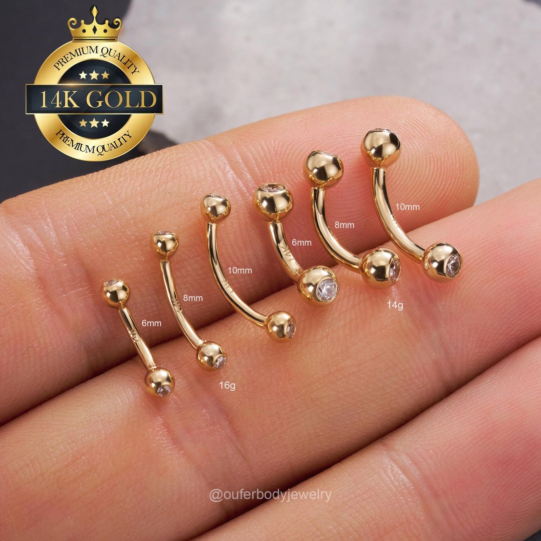 14K Solid Gold Roundcz Barbells/rook Barbell/belly Ring/vertical Labret/eyebrow Piercing ...