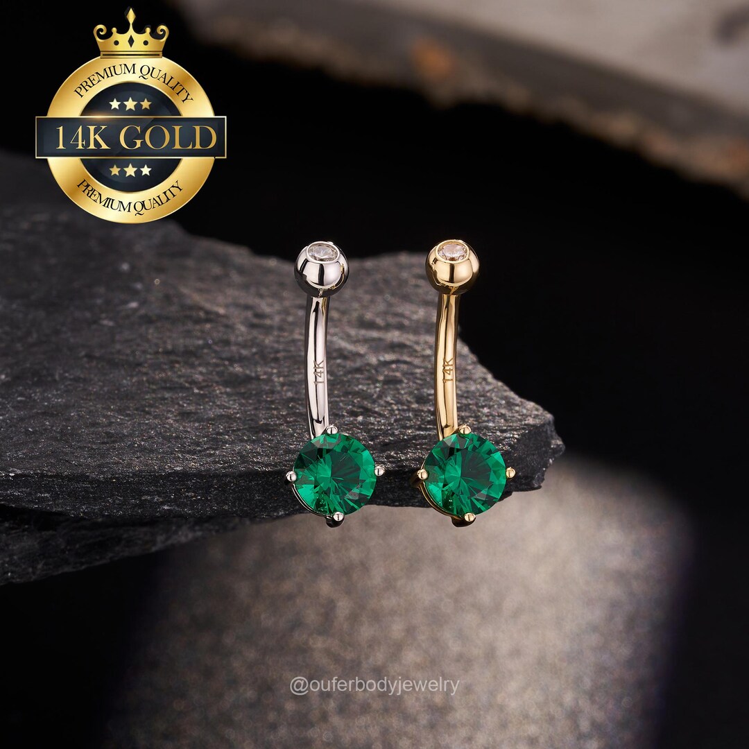 14K Solid Gold Grean Gem Belly Button Ring/navel Ring/curved Barbell ...