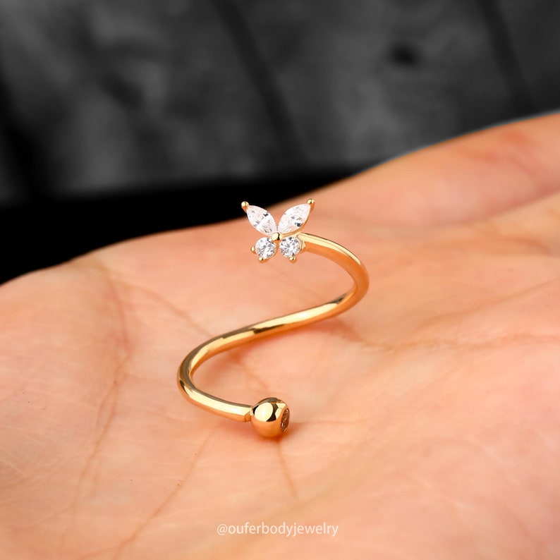 14K Solid Gold Butterfly Spiral Cartilage Earring/helix Earrings/s ...