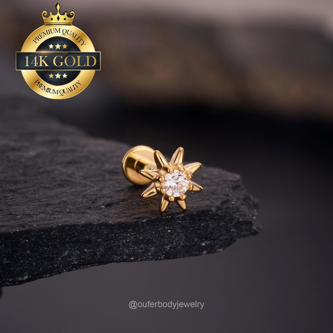 14K Solid Gold Bright Sun Cartilage Earring/internally Threaded Flat ...