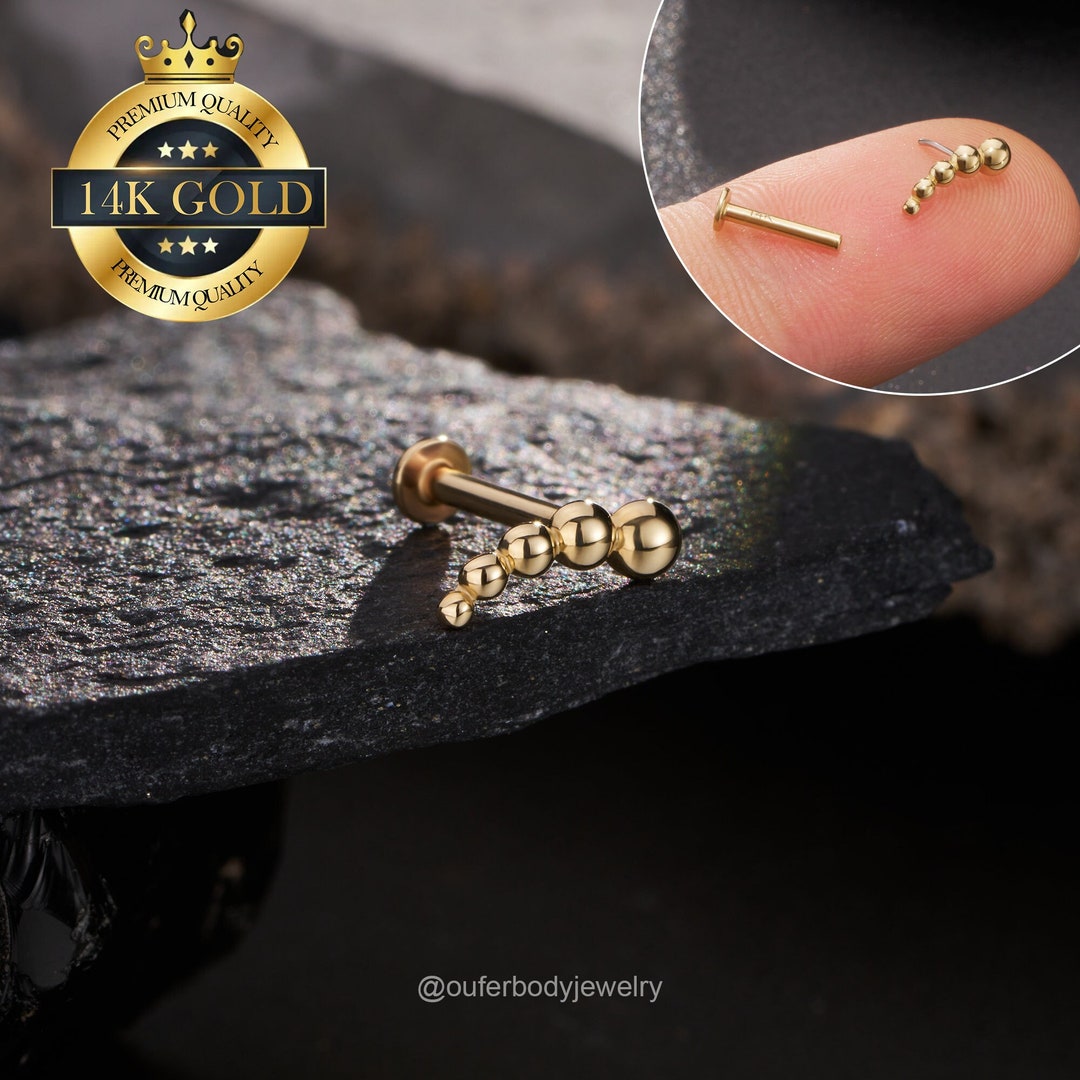 14K Solid Gold Beaded Ball Push Pin Labret 20G 18G 16g/threadless Flat ...