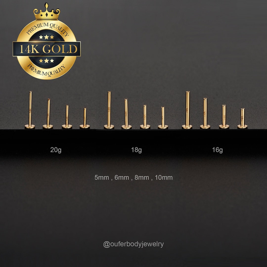 16G 18G 20G 5,6,8,10mm THREADLESS 14K Solid Gold Replacement/threadless ...