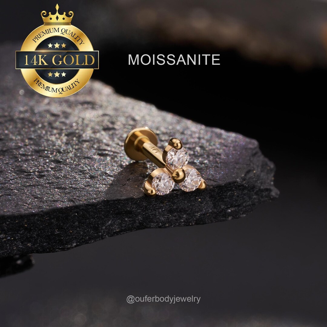 Moissanite 14K Gold Diamond Trinity Flower Cartilage Stud/internal ...