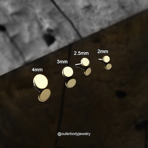 14K Solid Gold Tiny Flat Disc Threadless Push Pin Labret Stud/1.5/2/2.5 ...