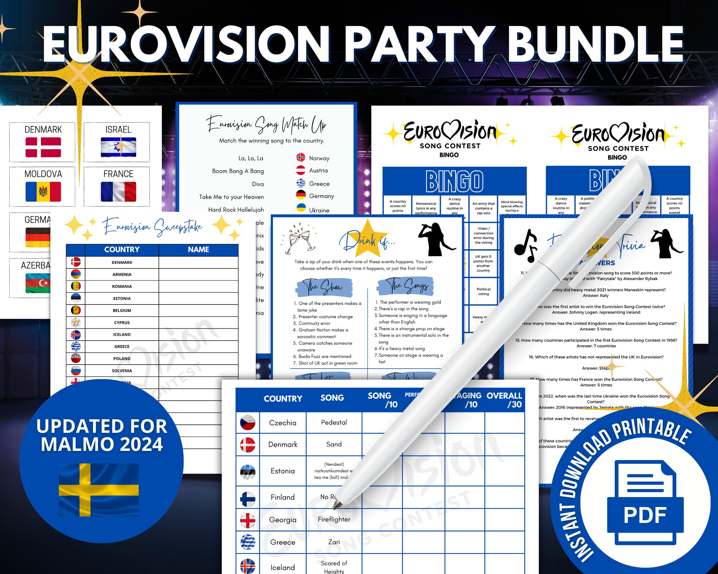 Eurovision Party Games Bundle 2024 Eurovision Sweepstake Trivia Bingo ...