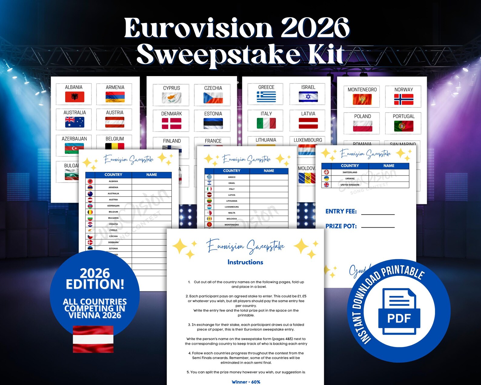 Eurovision Song Contest Vienna 2026 Sweepstake Kit | Printable ...