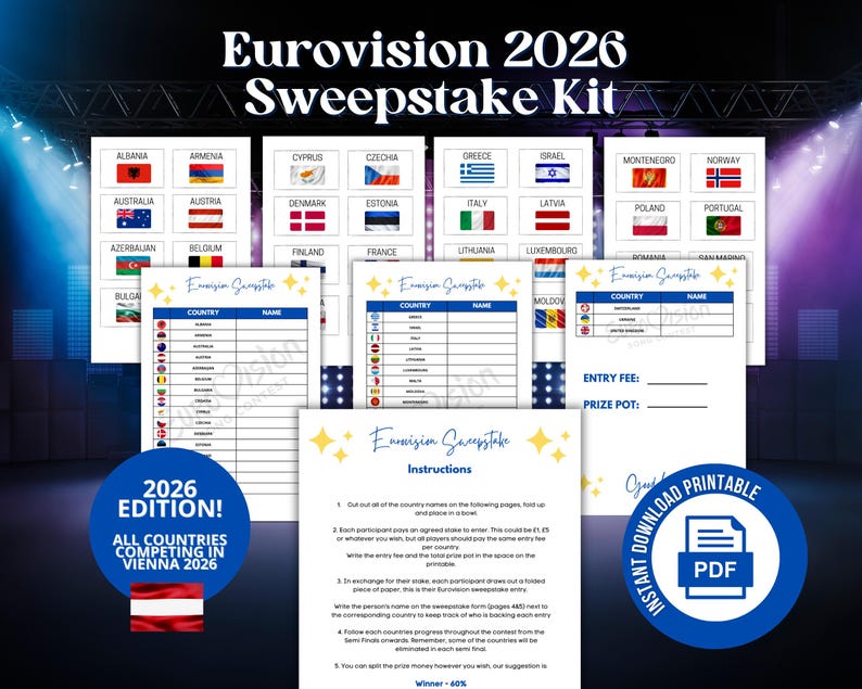 Eurovision Song Contest Vienna 2026 Sweepstake Kit | Printable ...