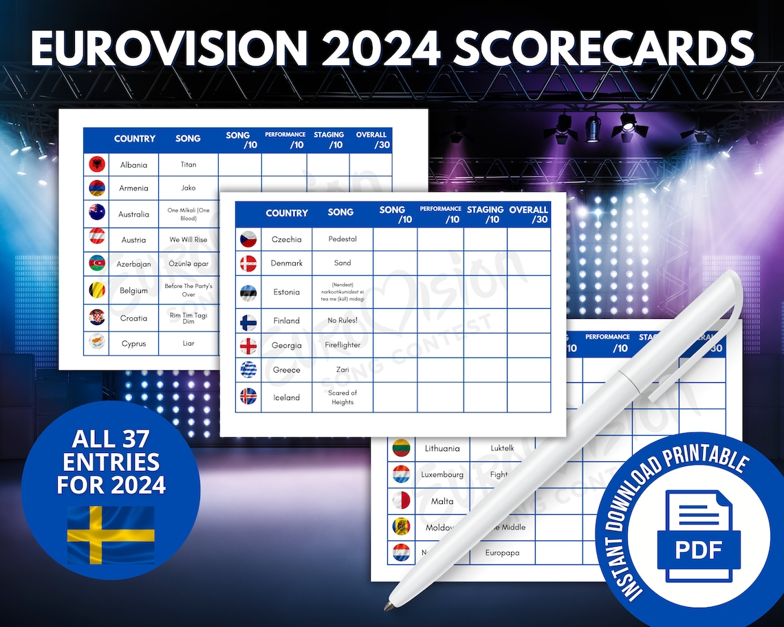 Eurovision Song Contest Scorecards 2024 All 37 Entries Song Titles A4 ...