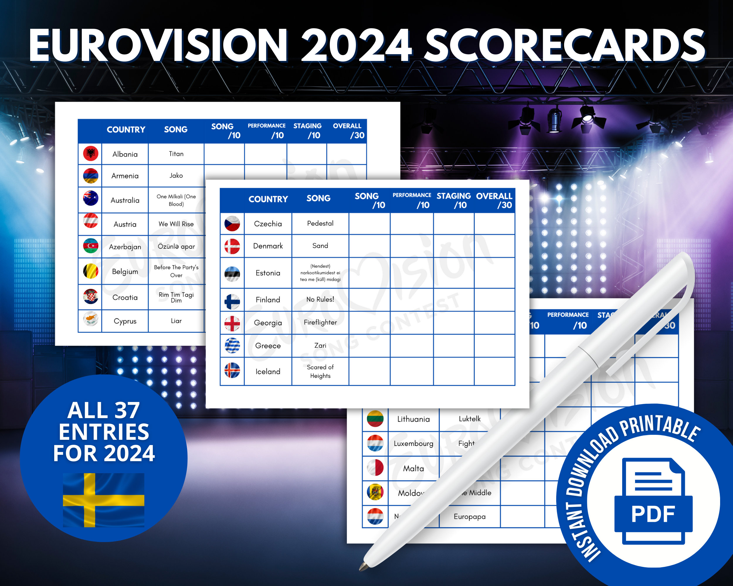 Eurovision Song Contest Scorecards 2024 All 37 Entries Song Titles A4 ...