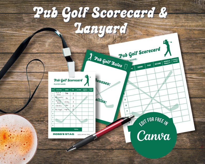 Editable Pub Golf Scorecard A5 and Lanyard Size Stag Do Bachelor Party ...