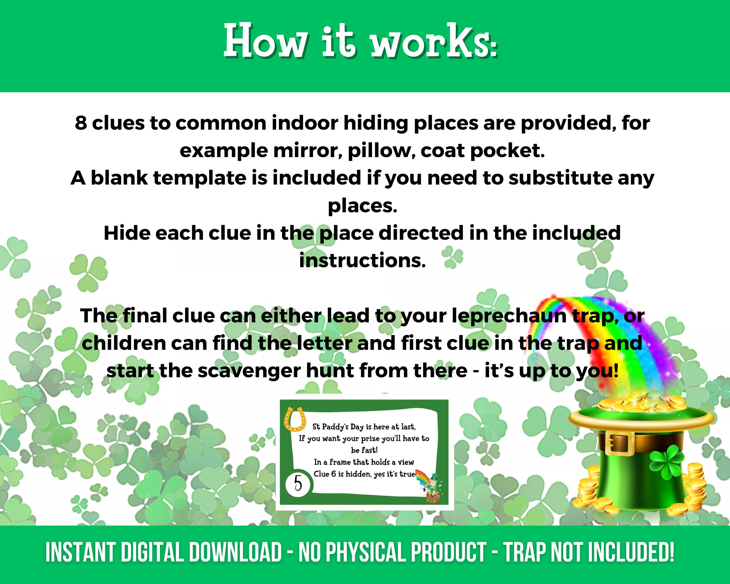 St Patricks Day Indoor Scavenger Hunt for Kids Printable, Leprechaun ...