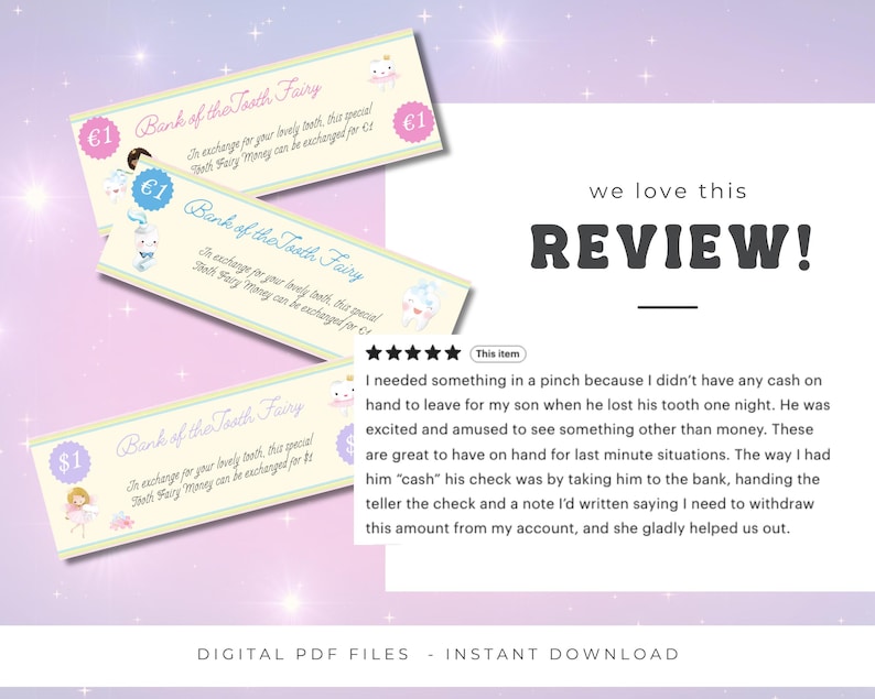 Tooth Fairy Money Printable: Dollar, Euro, GBP, Gift Coupon (digital ...