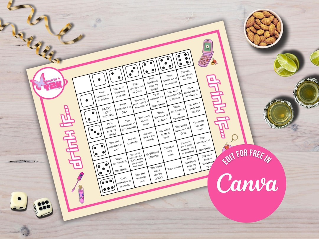 Y2K Aesthetic Party Drinking Dice Game : Edit in Canva, Digital ...