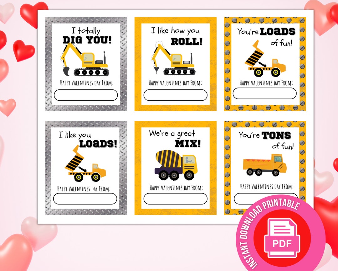 Printable Construction Valentine Cards for Kids, School Valentines ...