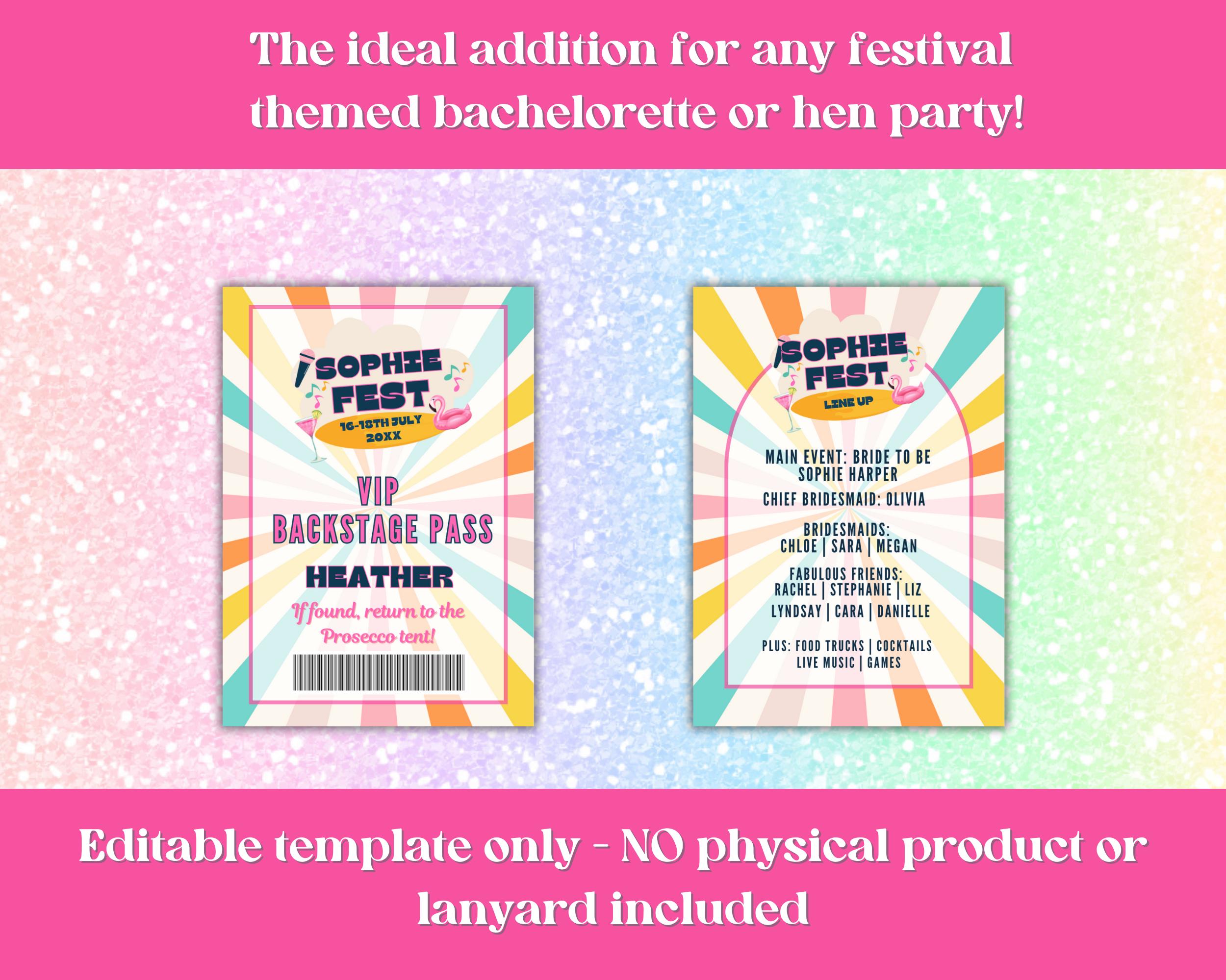 Editable Music Festival Hen Party Bachelorette Bride Fest Lanyard Canva ...