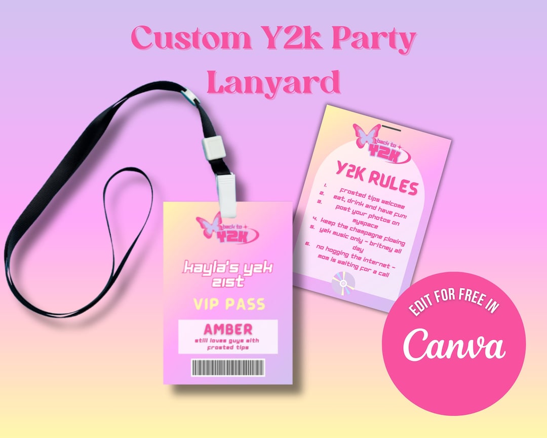 Editable Y2k 2000s 21st Birthday Party Printable VIP Pass Lanyard Edit ...