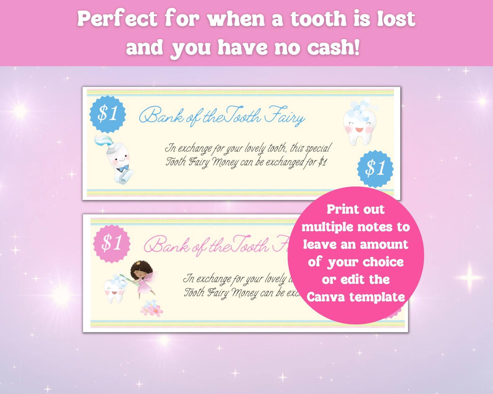 Tooth Fairy Money Printable: Dollar, Euro, GBP, Gift Coupon (digital ...