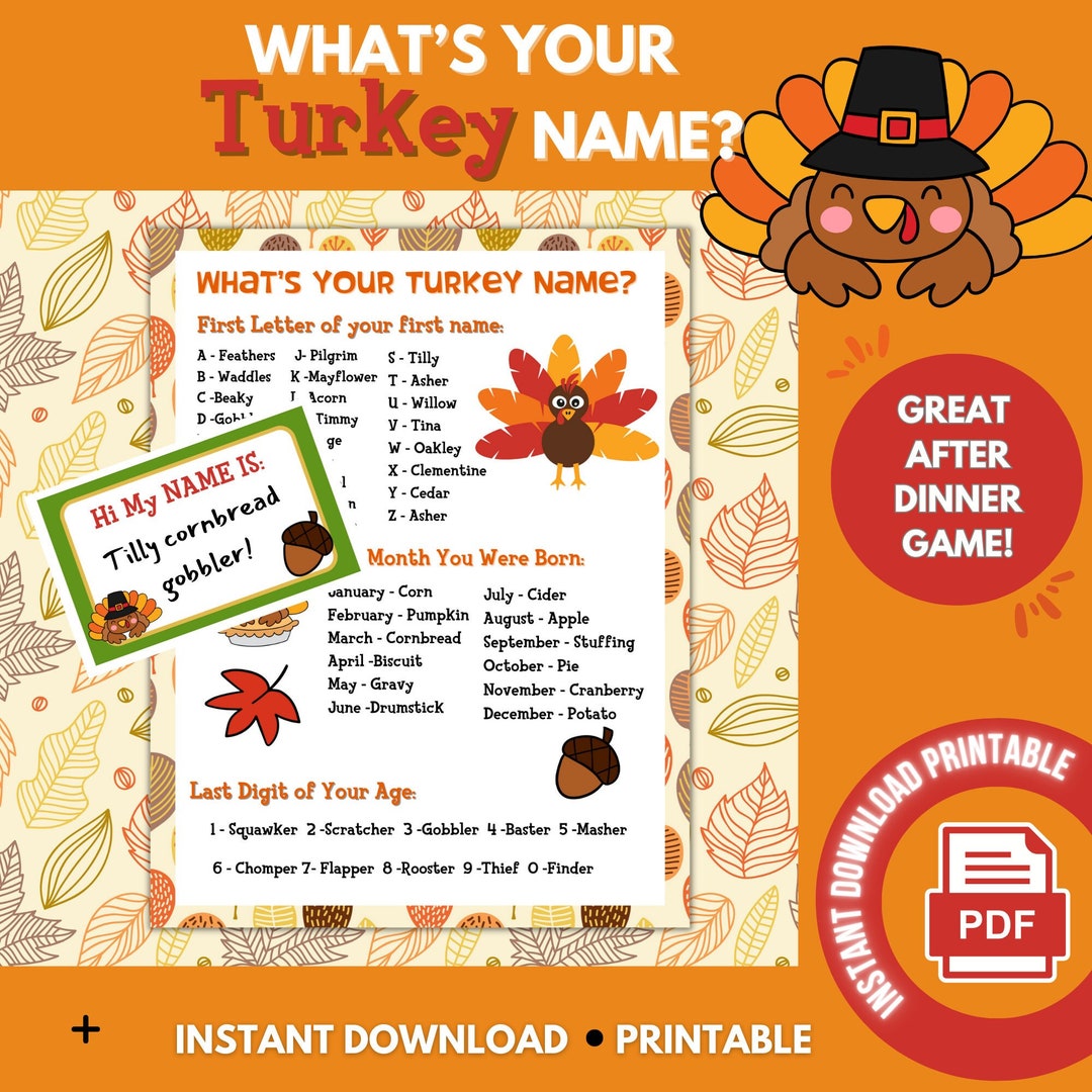 What's Your Turkey Name Fun Thanksgiving Printable Game for Kids Family ...