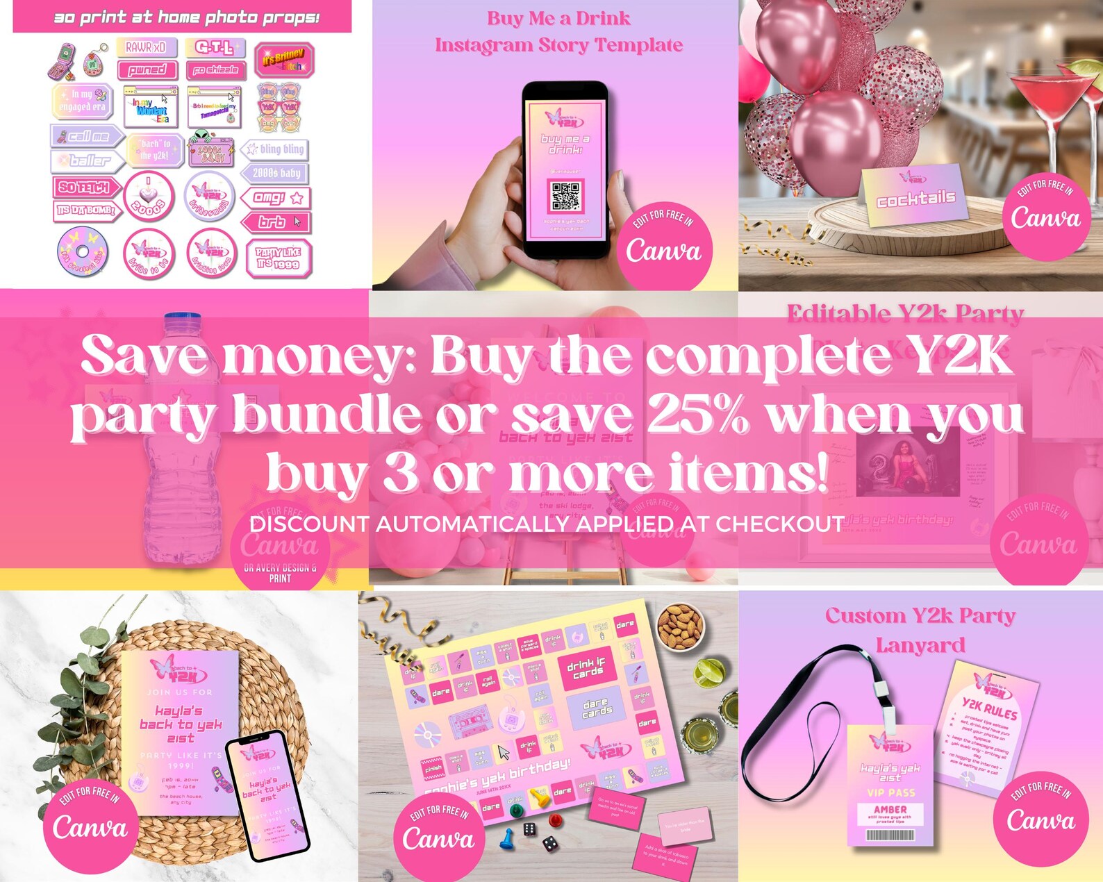 Y2k Birthday Party Welcome Signs Editable Canva Template Printable 21st ...