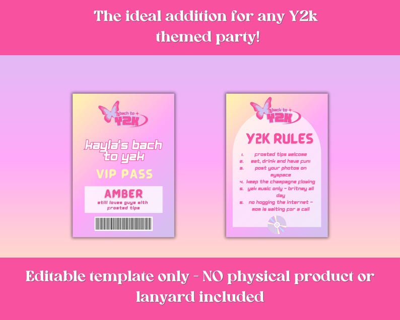 Editable Y2k 2000s 21st Birthday Party Printable VIP Pass Lanyard Edit ...