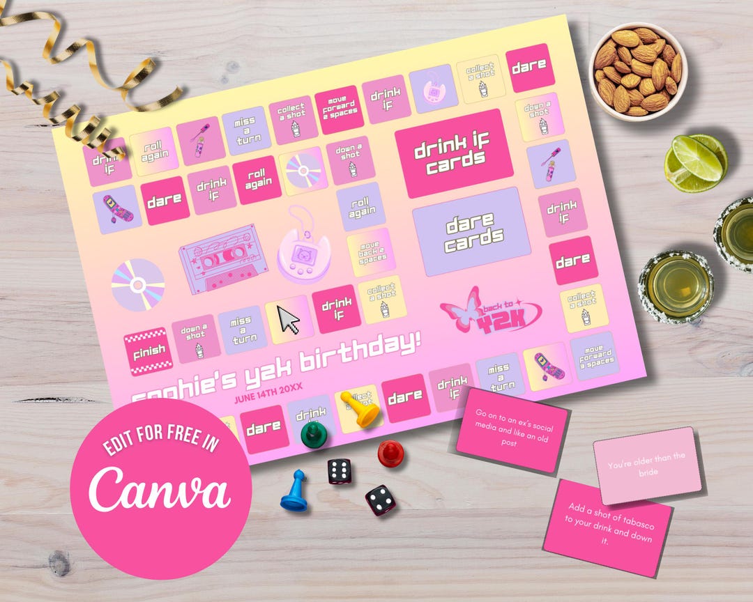 Y2k Birthday Party Drinking Board Game Editable in Canva 2000s Instant ...