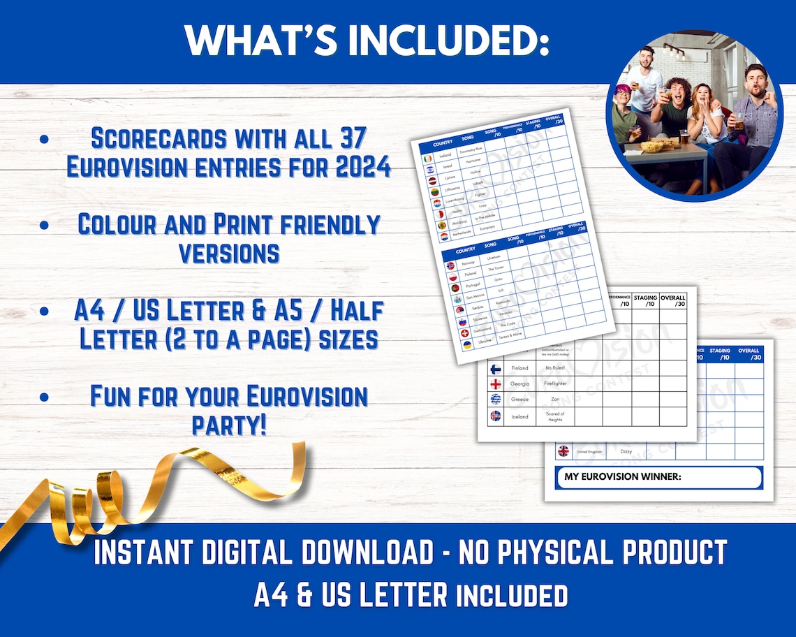 Eurovision Song Contest Scorecards 2024 All 37 Entries Song Titles A4 ...