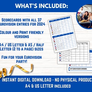 Eurovision Song Contest Scorecards 2024 All 37 Entries Song Titles A4 ...