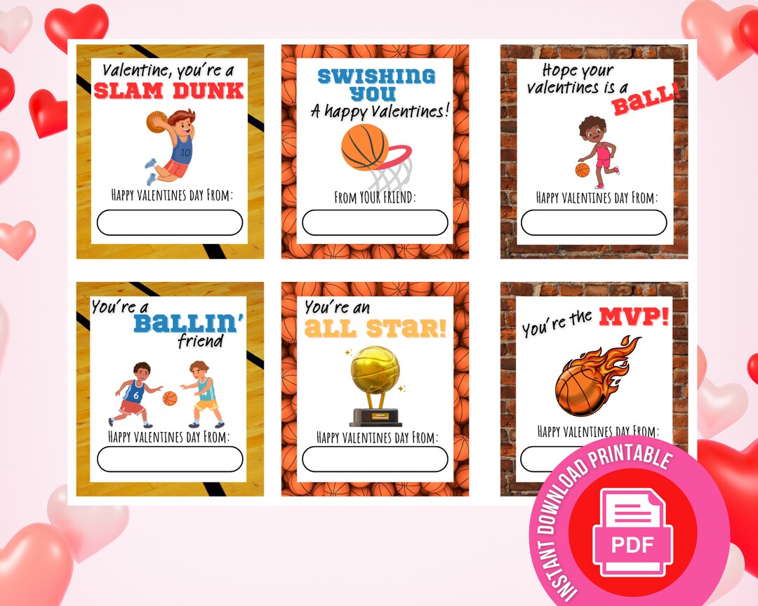 Printable Basketball Valentine Cards for Kids, School Valentines, Boys ...