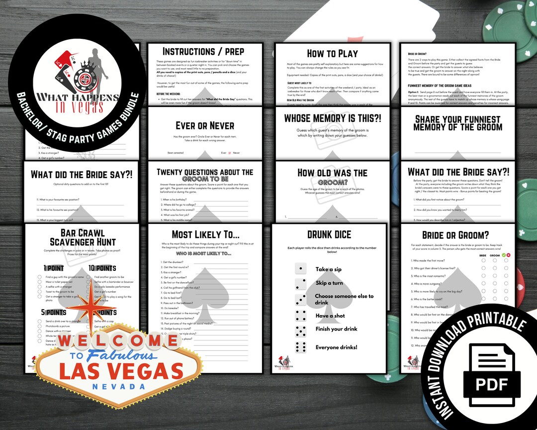 Bachelor Party Stag Game Bundle, What Happens in Vegas Themed Drinking ...