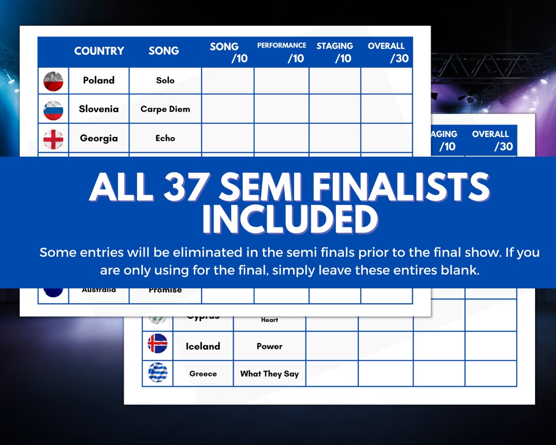 Eurovision Song Contest Scorecards 2024 All 37 Entries Song Titles A4 ...