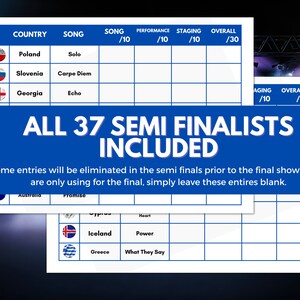 Eurovision Song Contest Scorecards 2024 All 37 Entries Song Titles A4 ...