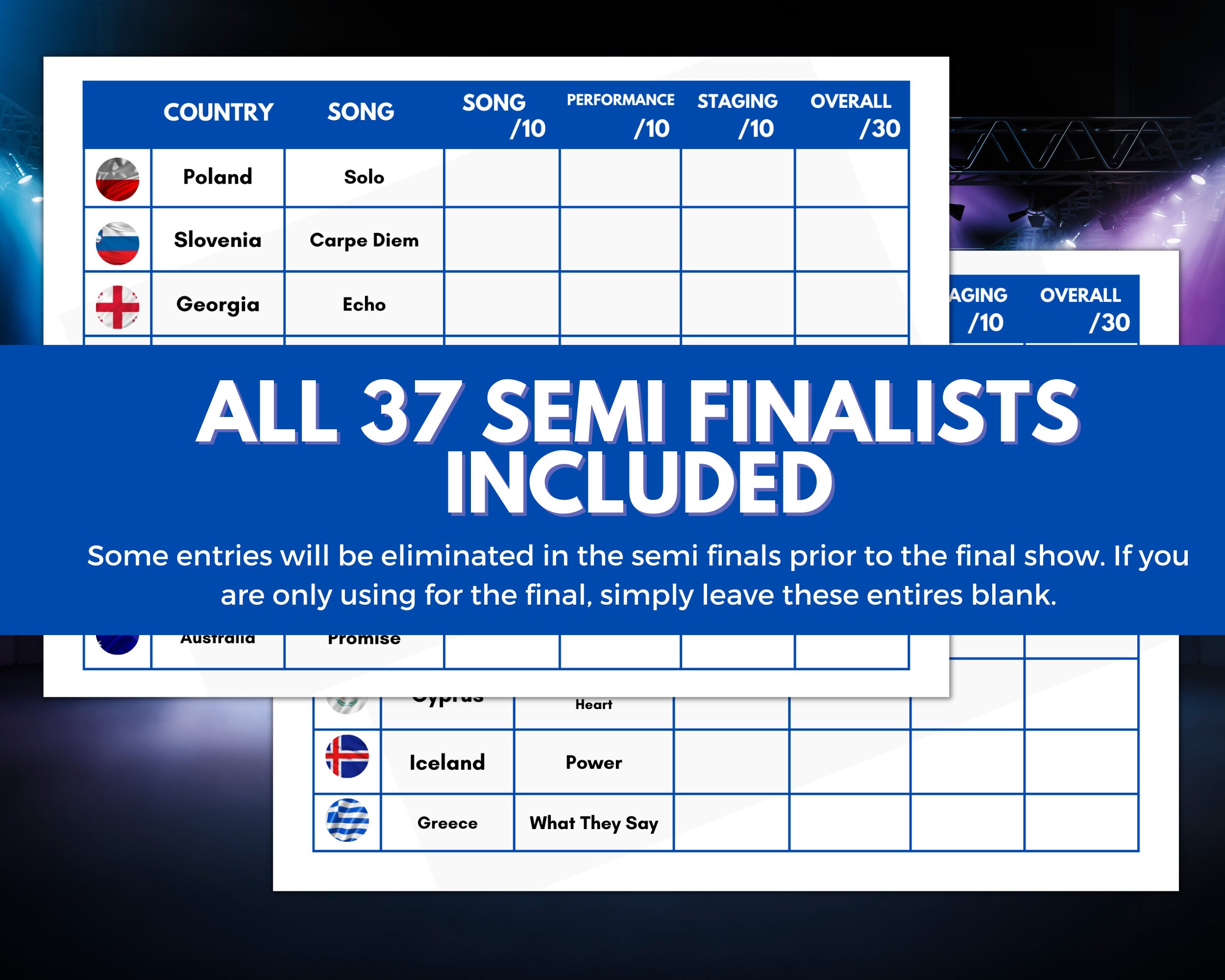 Eurovision Song Contest Scorecards 2024 All 37 Entries Song Titles A4 ...