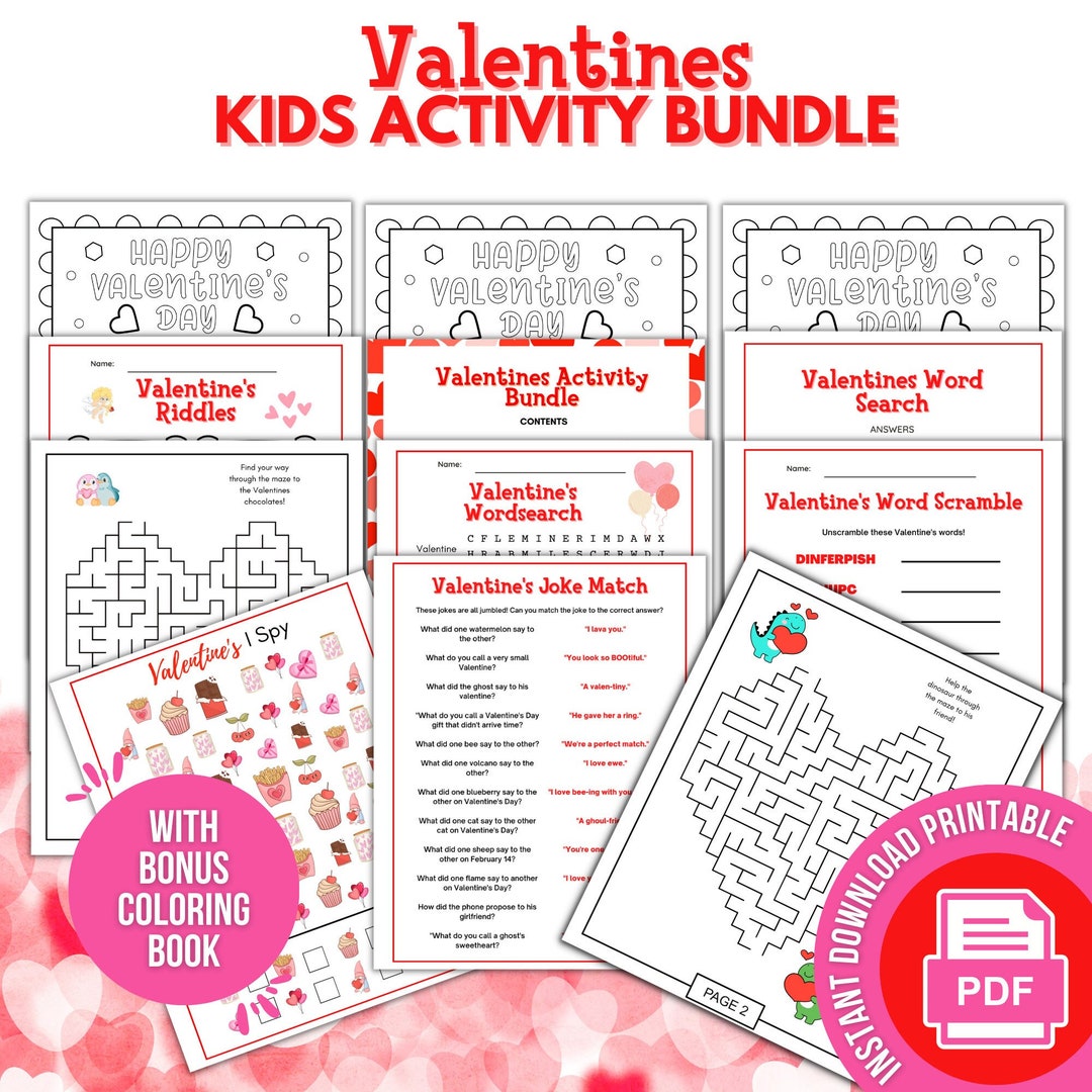 Valentine's Day Kids Activity Bundle, Coloring Pages Mazes Wordsearch ...