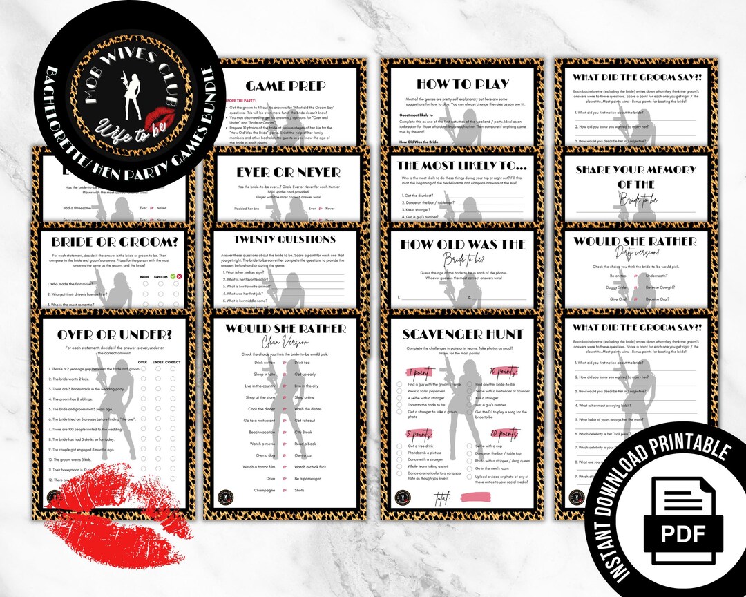 Mob Wife Bachelorette Printable Games Bundle, Hen Party Themed Drinking ...