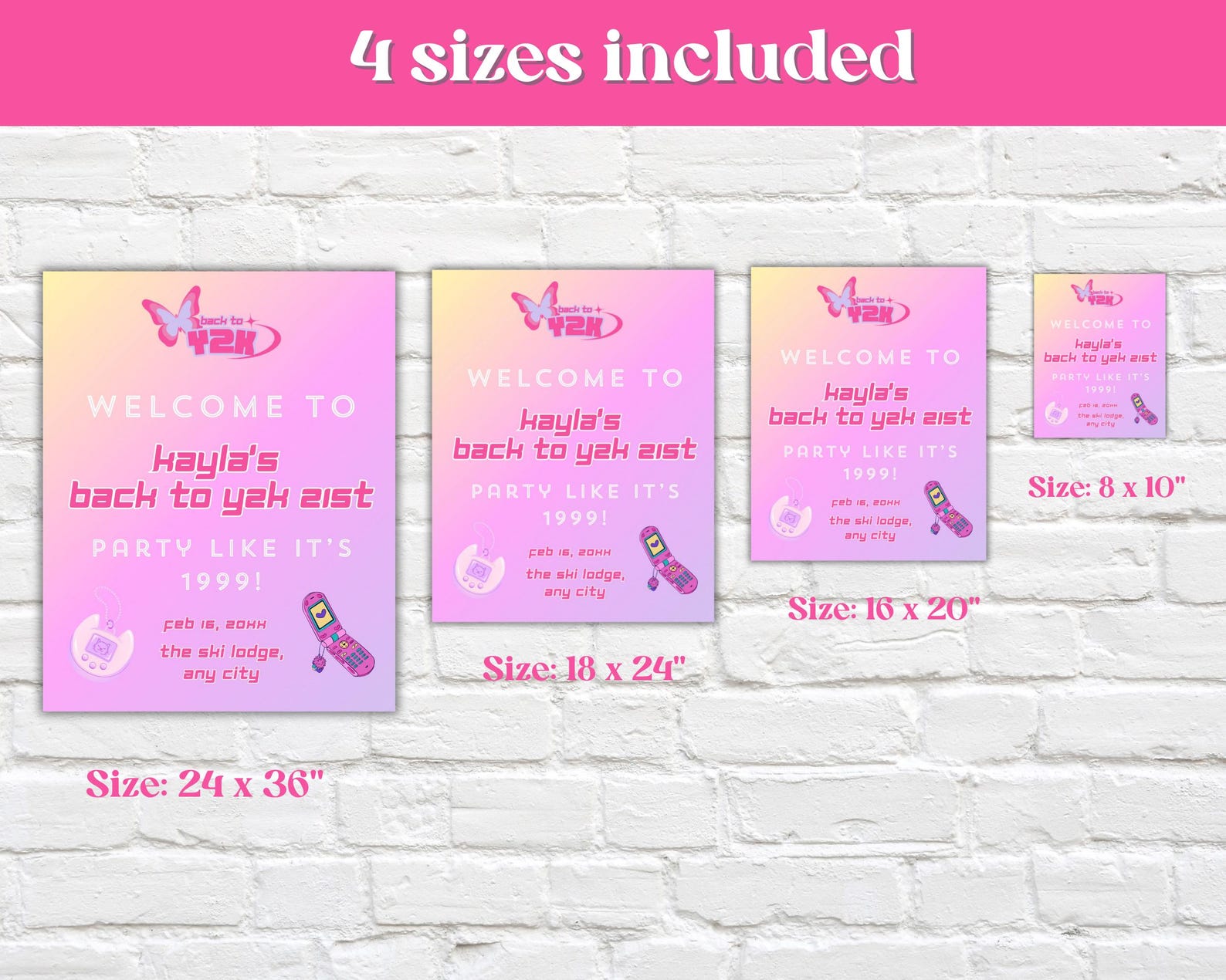 Y2k Birthday Party Welcome Signs Editable Canva Template Printable 21st ...