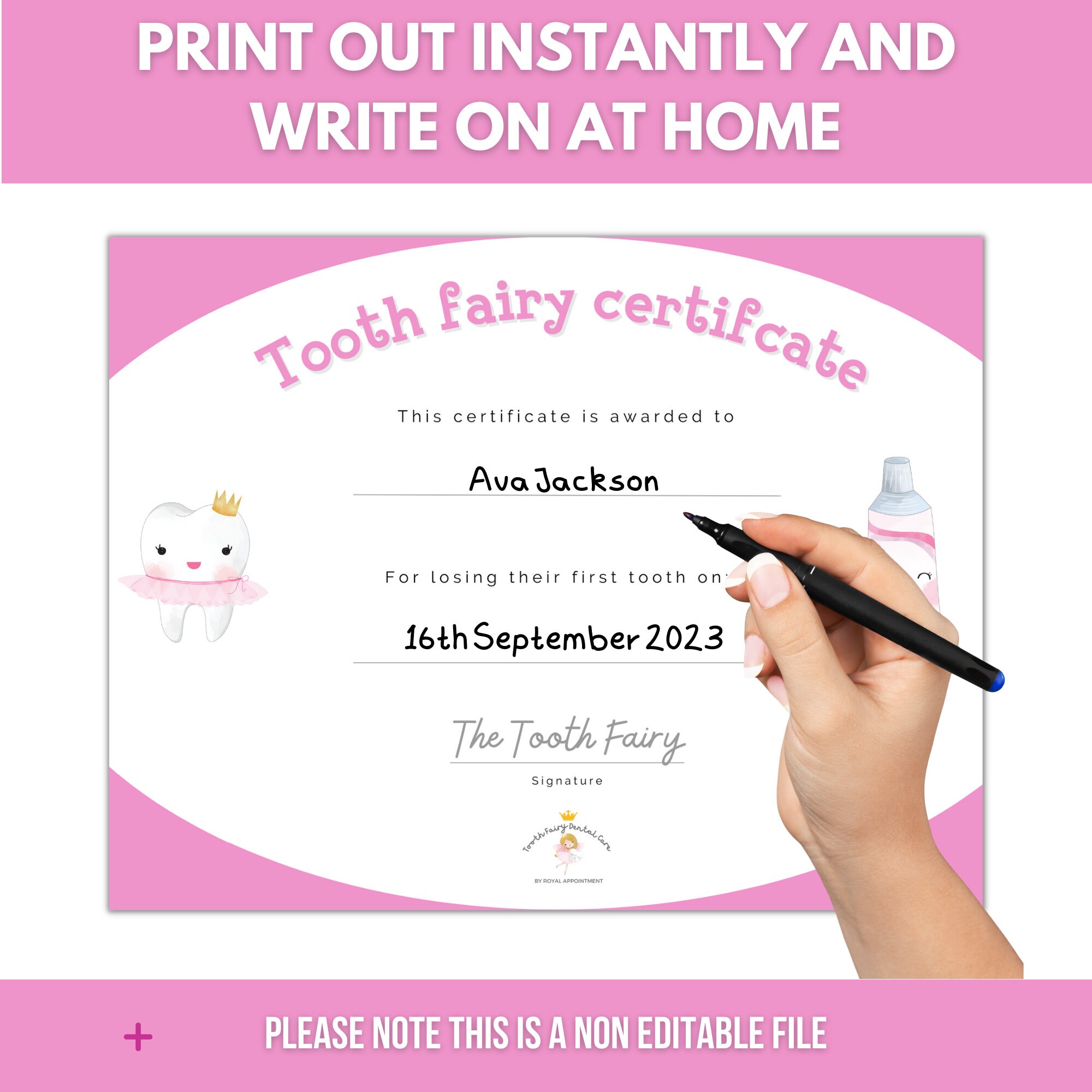 Tooth Fairy Certificate First Tooth Loss Printable Write on at Home Non ...