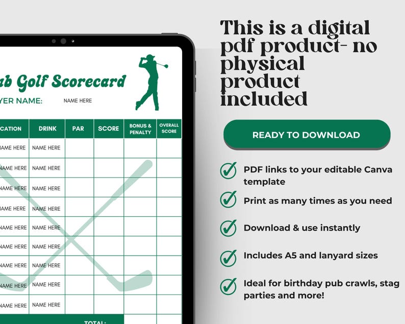 Editable Pub Golf Scorecard A5 and Lanyard Size Stag Do Bachelor Party ...
