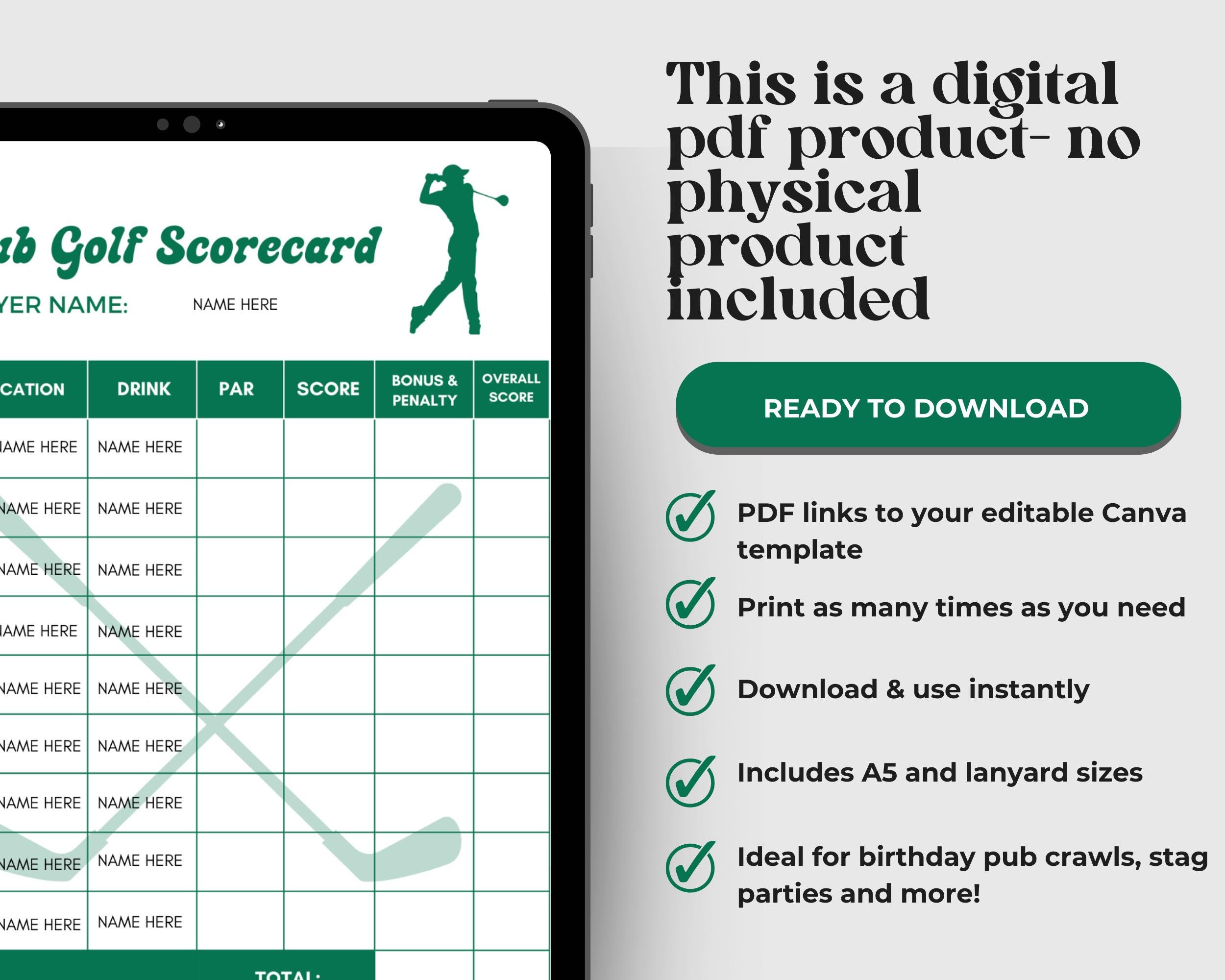 Editable Pub Golf Scorecard A5 and Lanyard Size Stag Do Bachelor Party ...