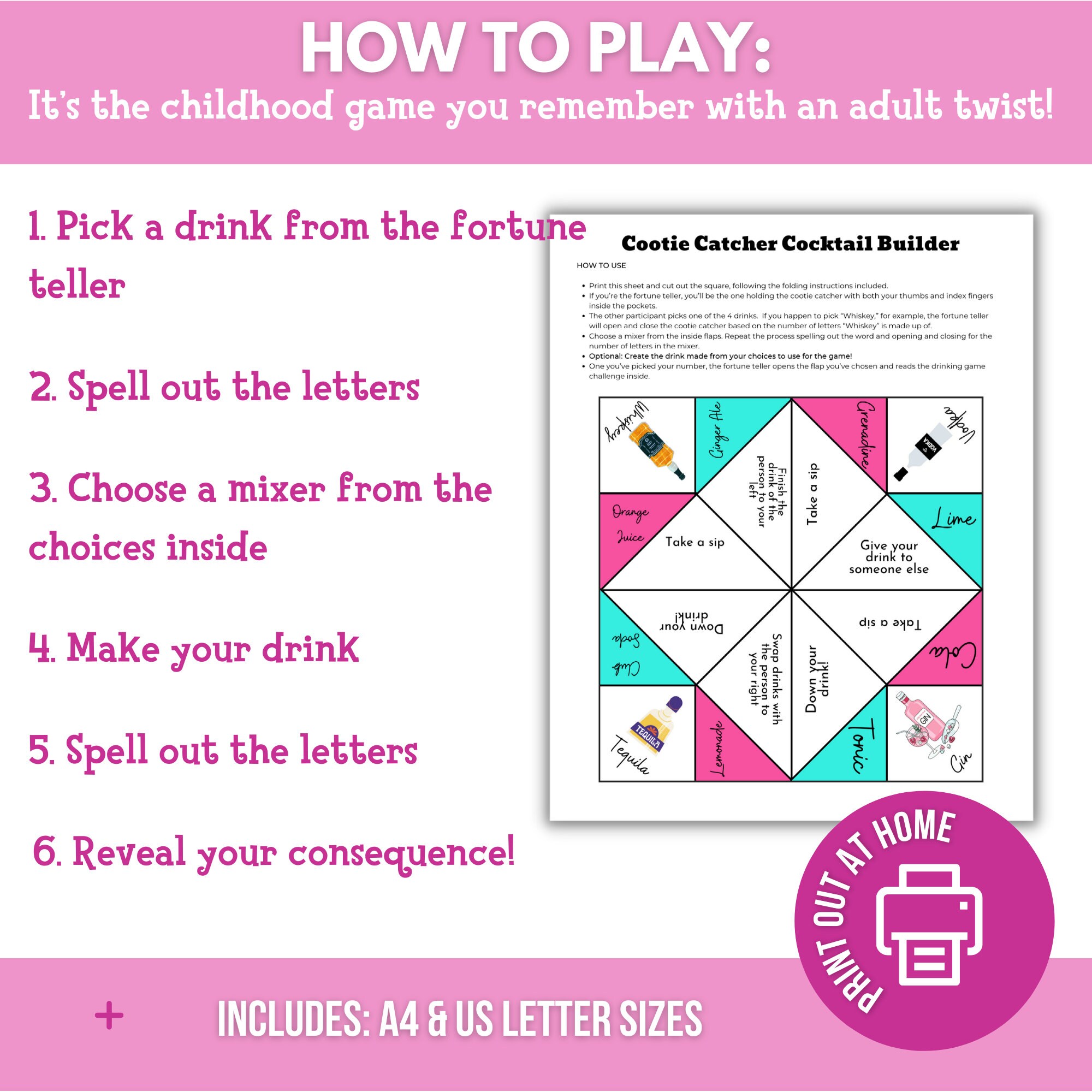 Adult Drinking Game Fortune Teller Cootie Catcher Chatterbox INSTANT ...