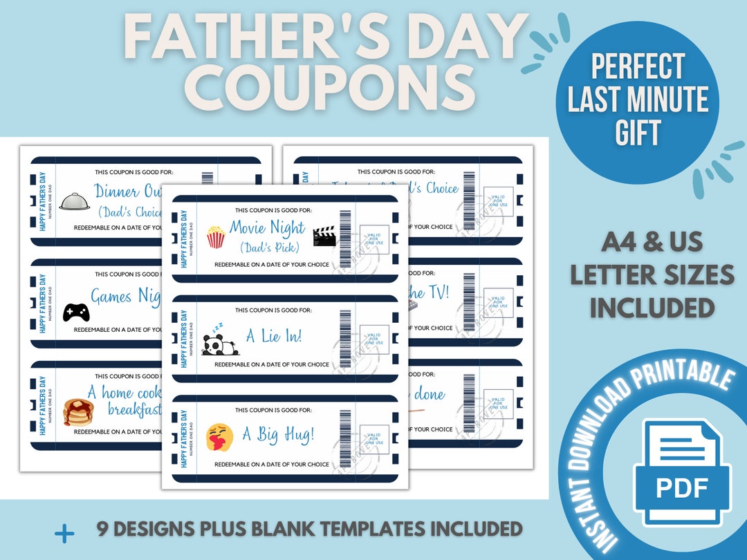 Fathers Day Coupons Printable Gift for Dad Last Minute Gift for Father ...