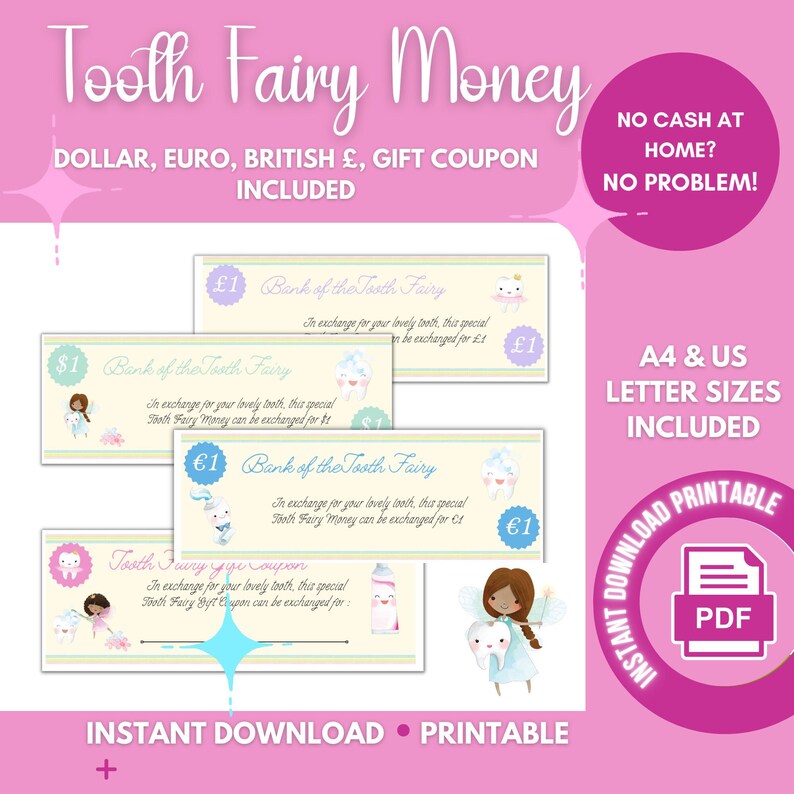 Tooth Fairy Printable Money Gift Certificate Coupon Voucher Cashless ...