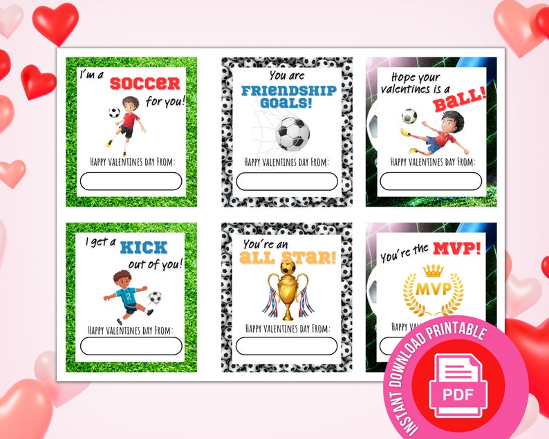 Printable Soccer Valentine Cards for Kids, School Valentines, Sports ...