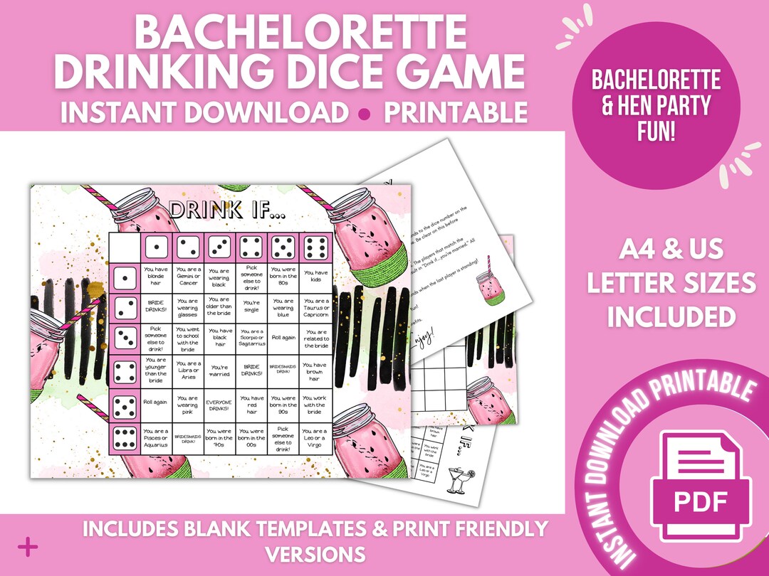 Tropical Bachelorette Drinking Dice Game, Hen Party Printable Dice Game ...