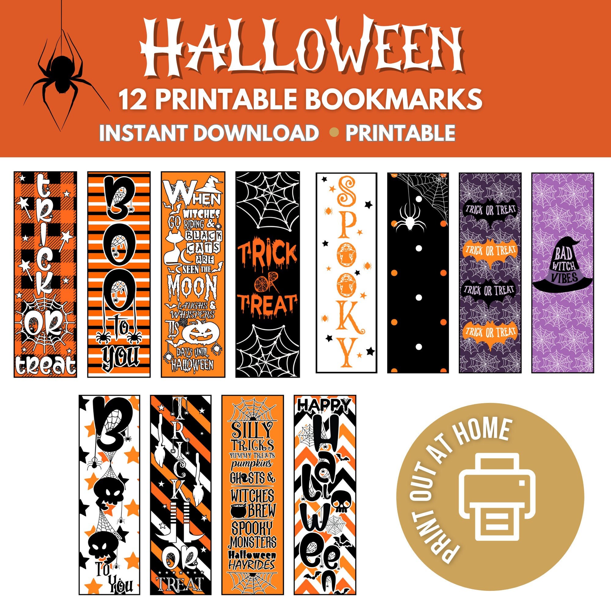 Halloween Bookmarks Printable Set of 12 Party Favor Instant Download ...