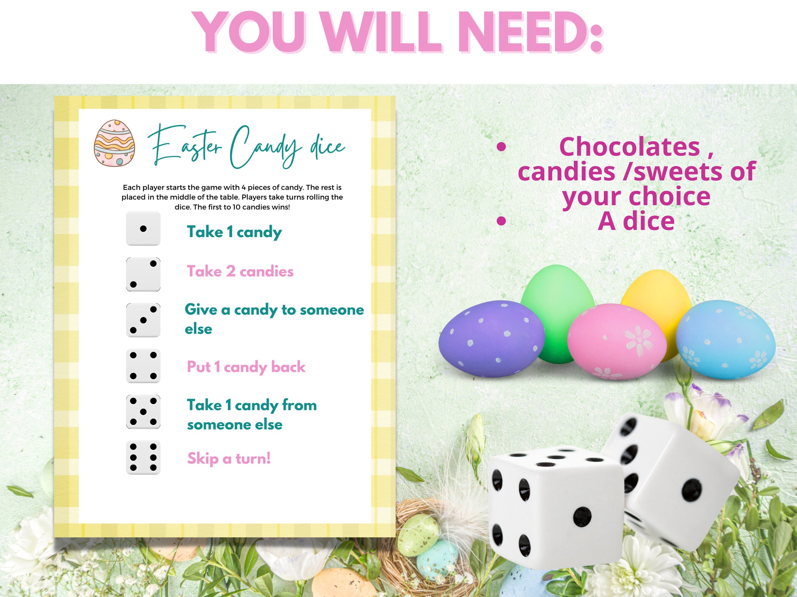 Easter Candy Dice Game Printable Easter Game Kids Activity Classroom ...