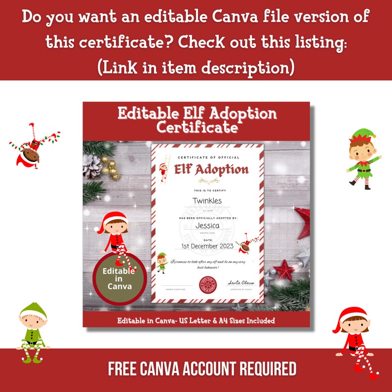 Christmas Elf Adoption Certificate Printable Elf Arrival Christmas ...